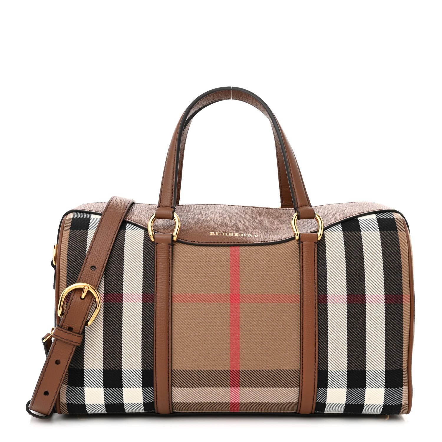 BURBERRY House Check Derby Calfskin Medium Alchester Bowling Bag Tan 1446410 FASHIONPHILE