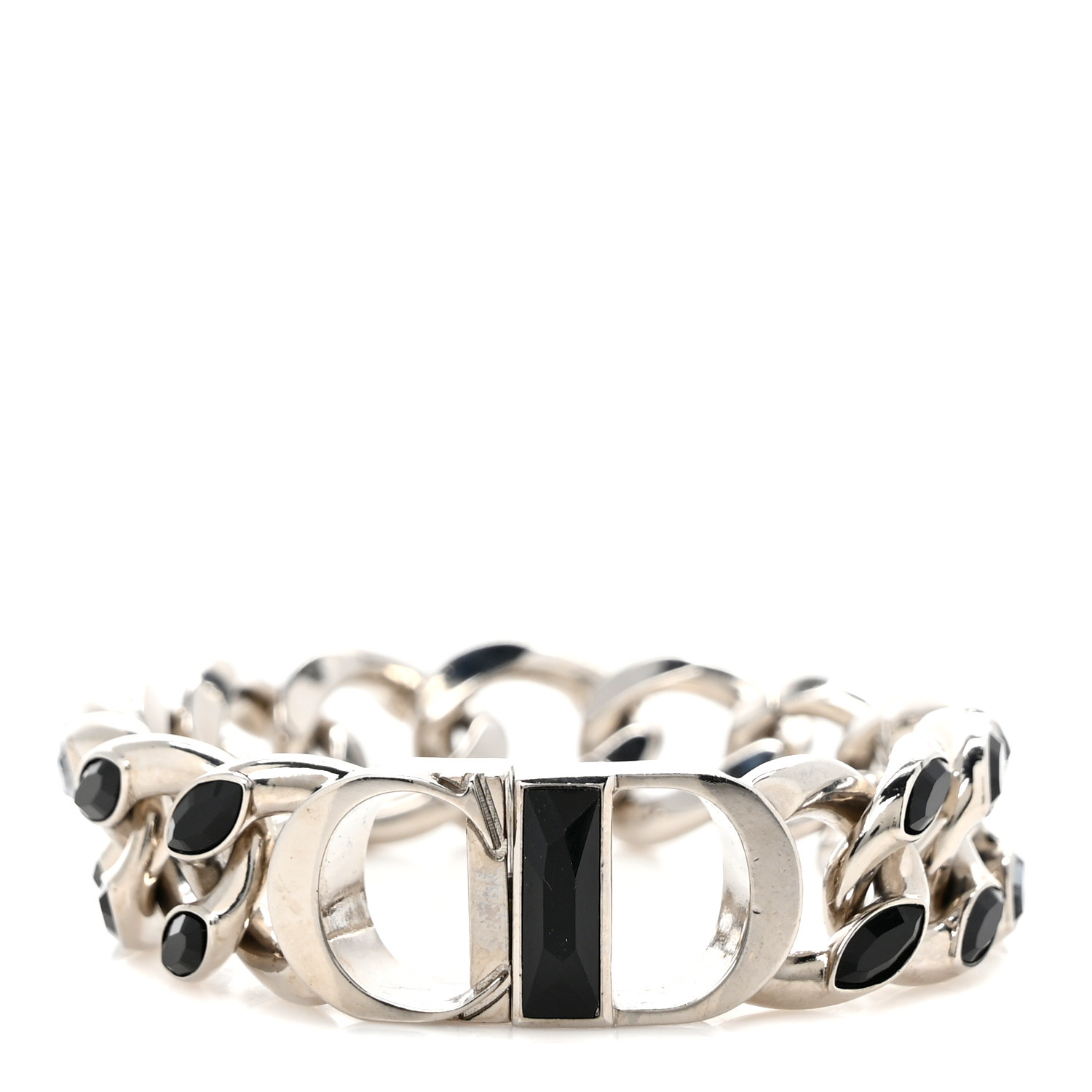 CHRISTIAN DIOR Brass Diamond CD Icon Chain Bracelet Silver 1432215 FASHIONPHILE