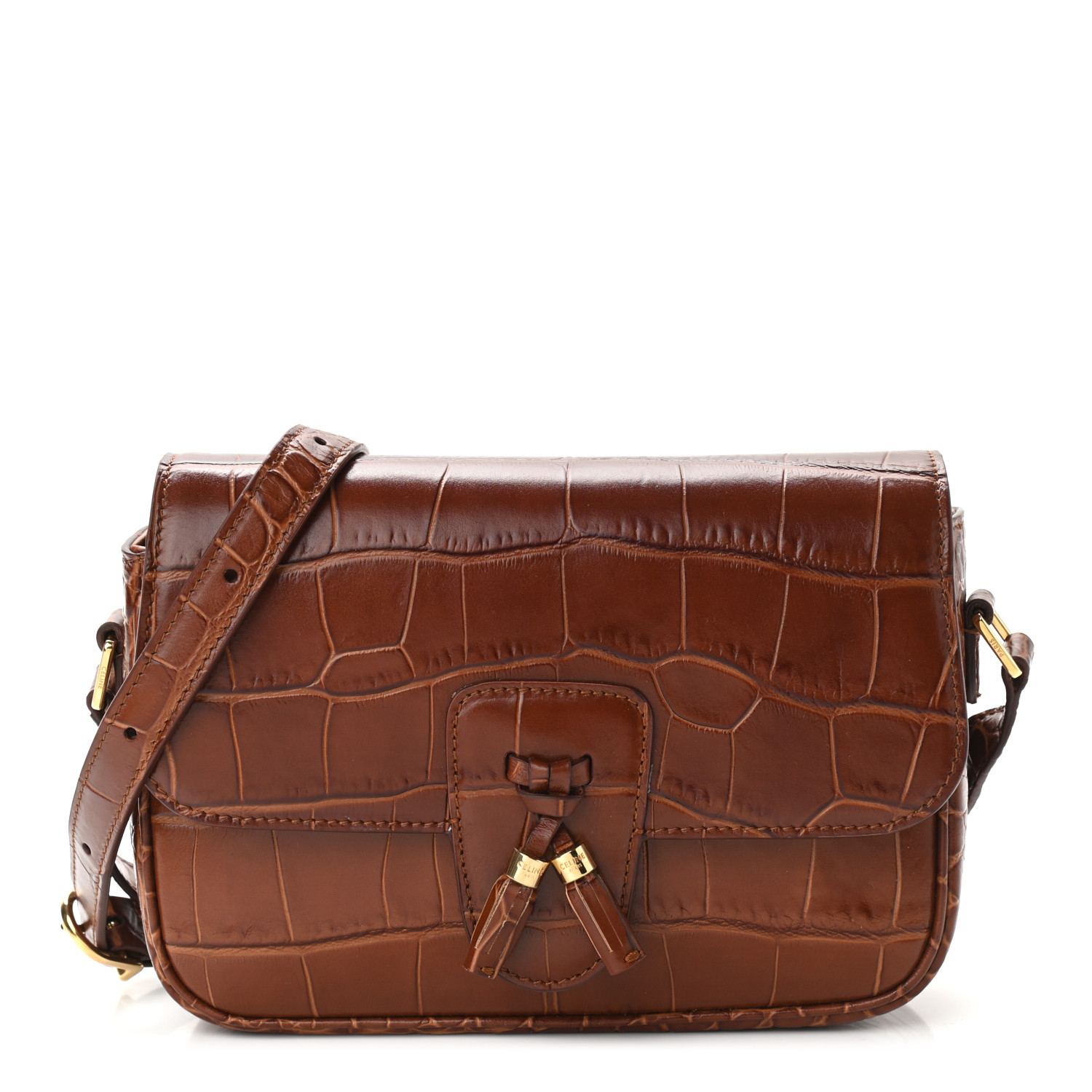 CELINE Calfskin Crocodile Embossed Medium Tassel Bag Tan 965256 FASHIONPHILE