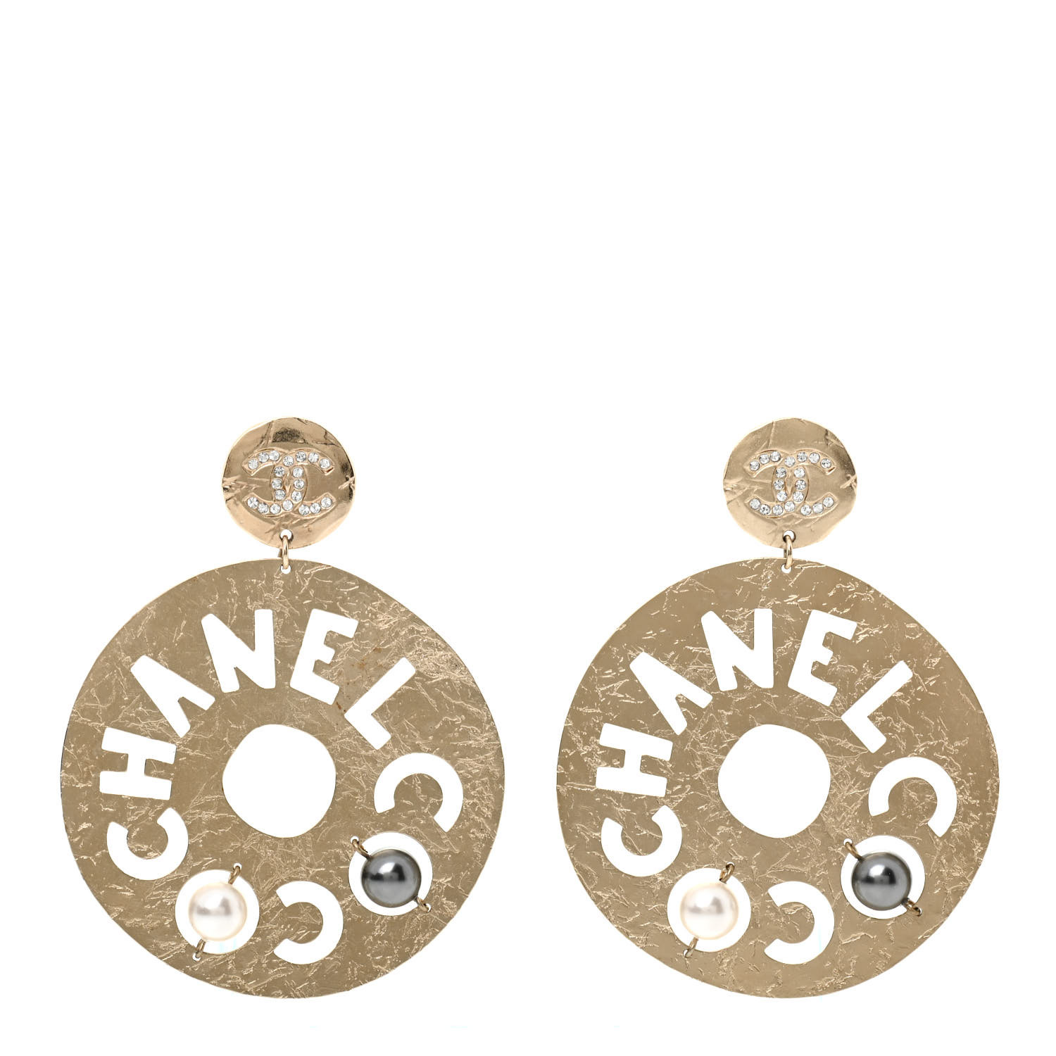 CHANEL Crystal Pearl CC Papyrus Drop Earrings Gold Grey 899019 FASHIONPHILE