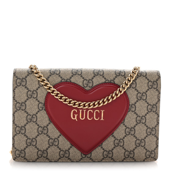 GUCCI GG Supreme Monogram Script Logo Heart Wallet on Chain Beige Brown ...