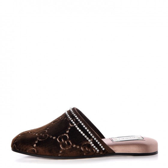 GUCCI Velvet GG Monogram Crystal Slippers 35 Brown Vintage Cocoa 330982 ...