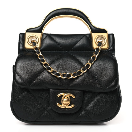 CHANEL Calfskin Quilted Lady Handle Flap Card Holder With Chain Black ...