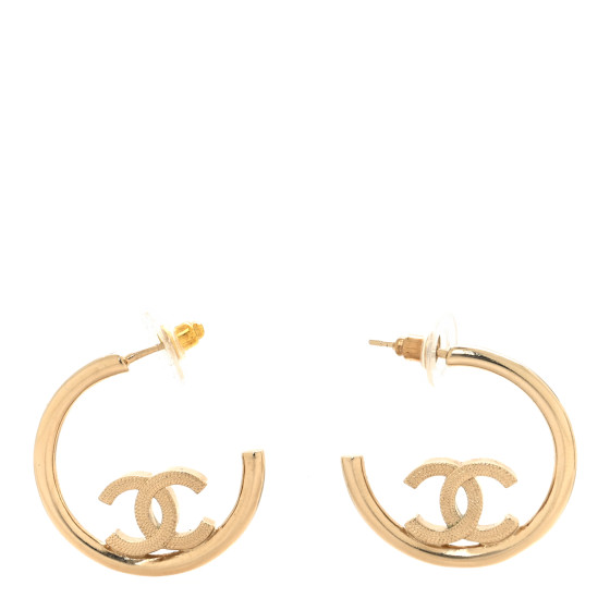 Chanel Metal Textured CC Hoop Earrings Gold