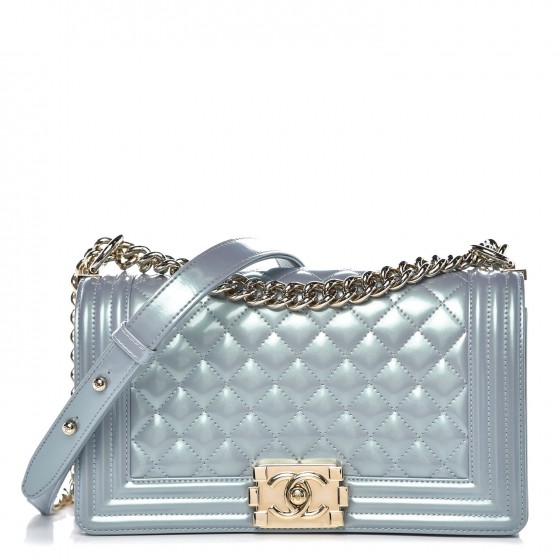 CHANEL Iridescent Patent Calfskin Quilted Medium Boy Flap Light Blue ...