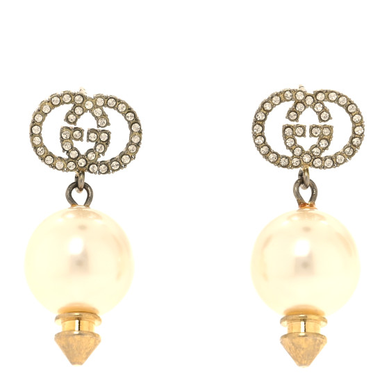 GUCCI Metal Crystal Pearl Interlocking G Earrings Shiny Gold 1479629 FASHIONPHILE