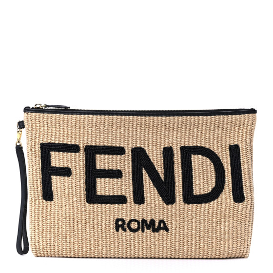 FENDI Raffia Logo Embroidered Large Flat Pouch Natural Black 1164140 ...