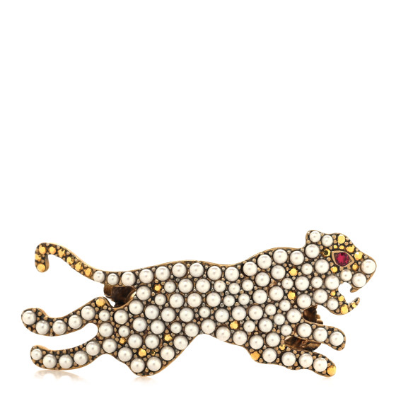 GUCCI Metal Crystal Pearl Panther Ring Aged Gold FASHIONPHILE