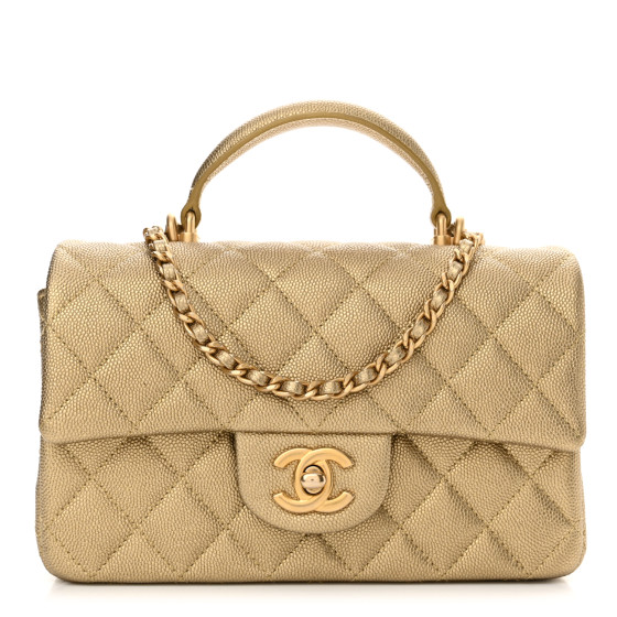 CHANEL Metallic Caviar Quilted Mini Top Handle Rectangular Flap Gold ...