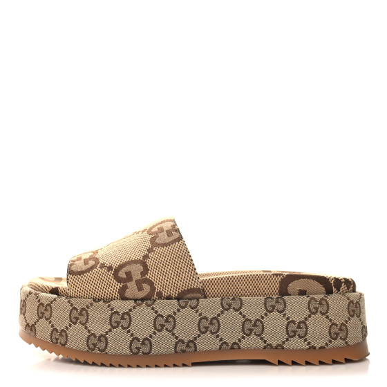 GUCCI Monogram Maxi GG Angelina Platform 55mm Slide Sandals 38.5 Camel ...