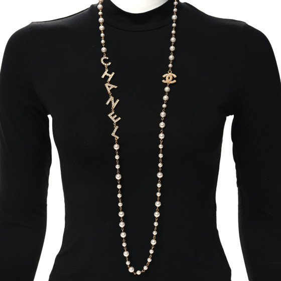 CHANEL Pearl Crystal Long CC Logo Necklace Gold White 1564598 FASHIONPHILE