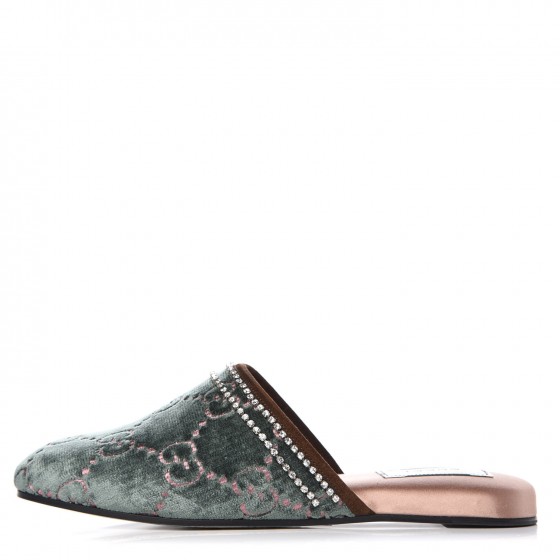 GUCCI Velvet GG Monogram Crystal Womens Slippers 38 Avio Dusty Pink ...