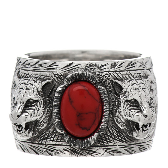 GUCCI Sterling Silver Resin Feline Garden Ring Red 55 7.25 1117311 FASHIONPHILE