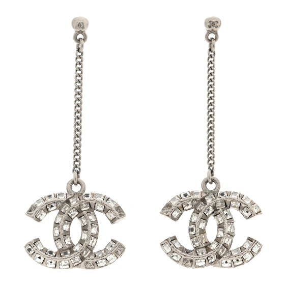 CHANEL Baguette Crystal CC Drop Earrings Silver FASHIONPHILE
