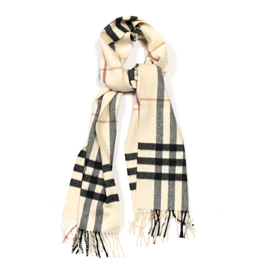 BURBERRY Cashmere Giant Check Fringe Scarf Ivory 1149984 FASHIONPHILE