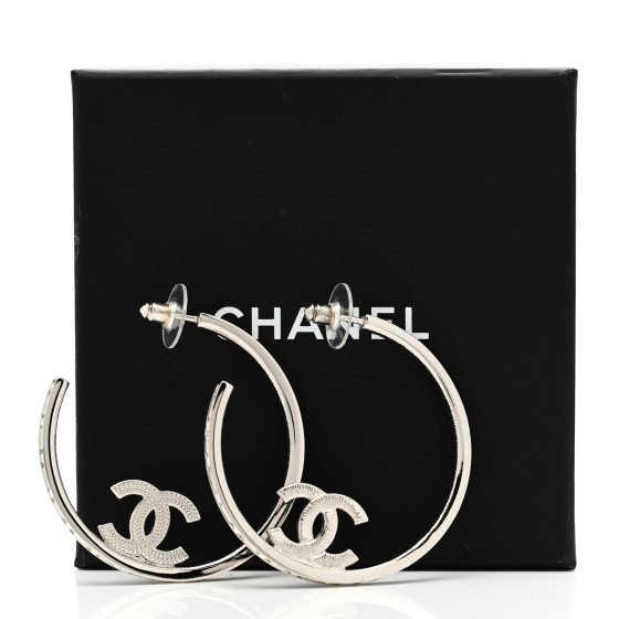 CHANEL Metal Crystal Baguette CC Large Hoop Earrings Silver 1551023 FASHIONPHILE