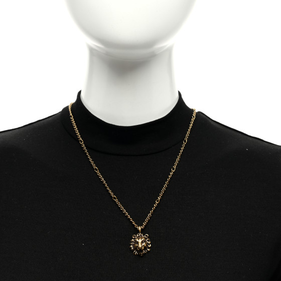 GUCCI Metal Crystal Lion Head Necklace Aged Gold 1554711 FASHIONPHILE