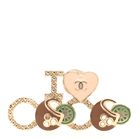 Chanel Metal Resin Pearl I Love Coco Brooch Gold Brown Pink