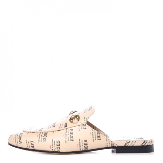 GUCCI Calfskin Stamp Print Womens Princetown Slippers 38 Soy Black ...