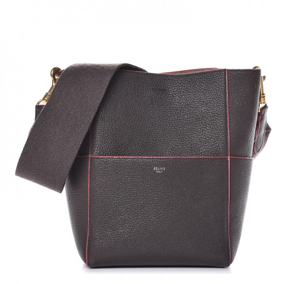 CELINE Goatskin Small Sangle Bucket Bag Dark Taupe 328988 | FASHIONPHILE