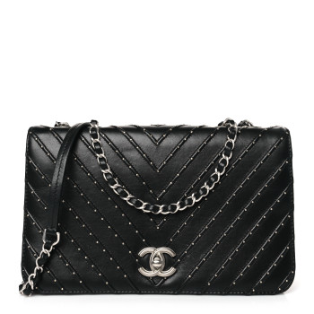 CHANEL Calfskin Studded Chevron Quilted Flap Black 1377089 | FASHIONPHILE